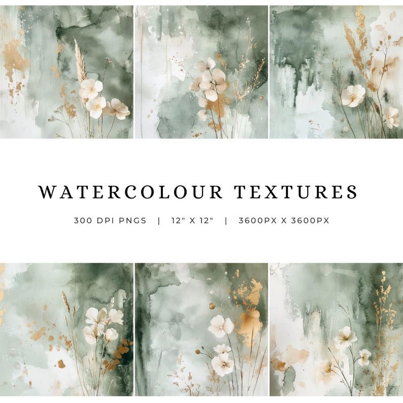 Sage Green Floral Digital Paper, Gold Watercolor Backgrounds Junk ...