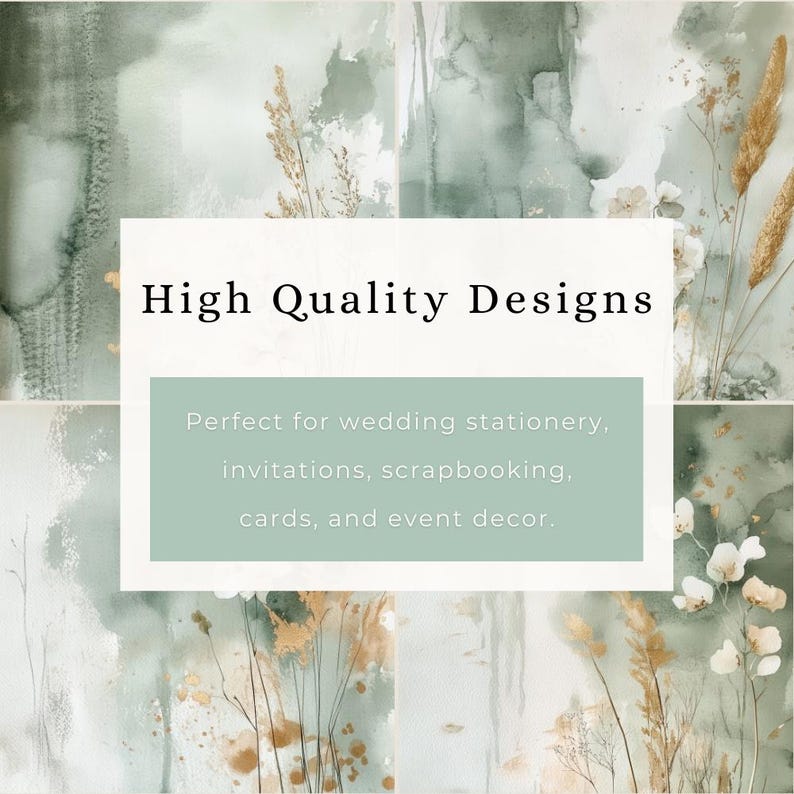 Sage Green Floral Digital Paper, Gold Watercolor Backgrounds Junk ...