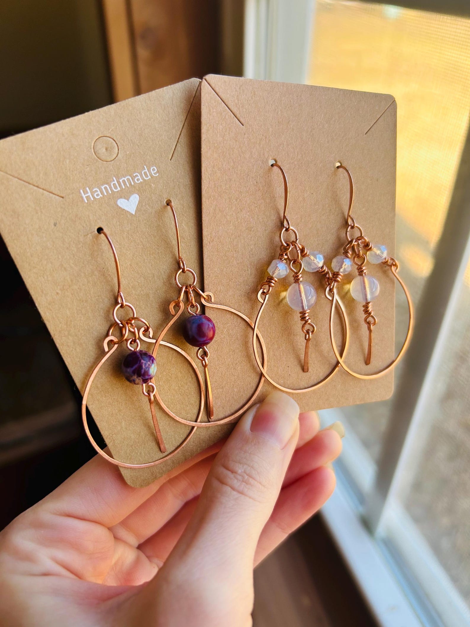 Copper Hoop Dangle Earrings, Hammered Wire Earrings, Gemstone Earrings ...