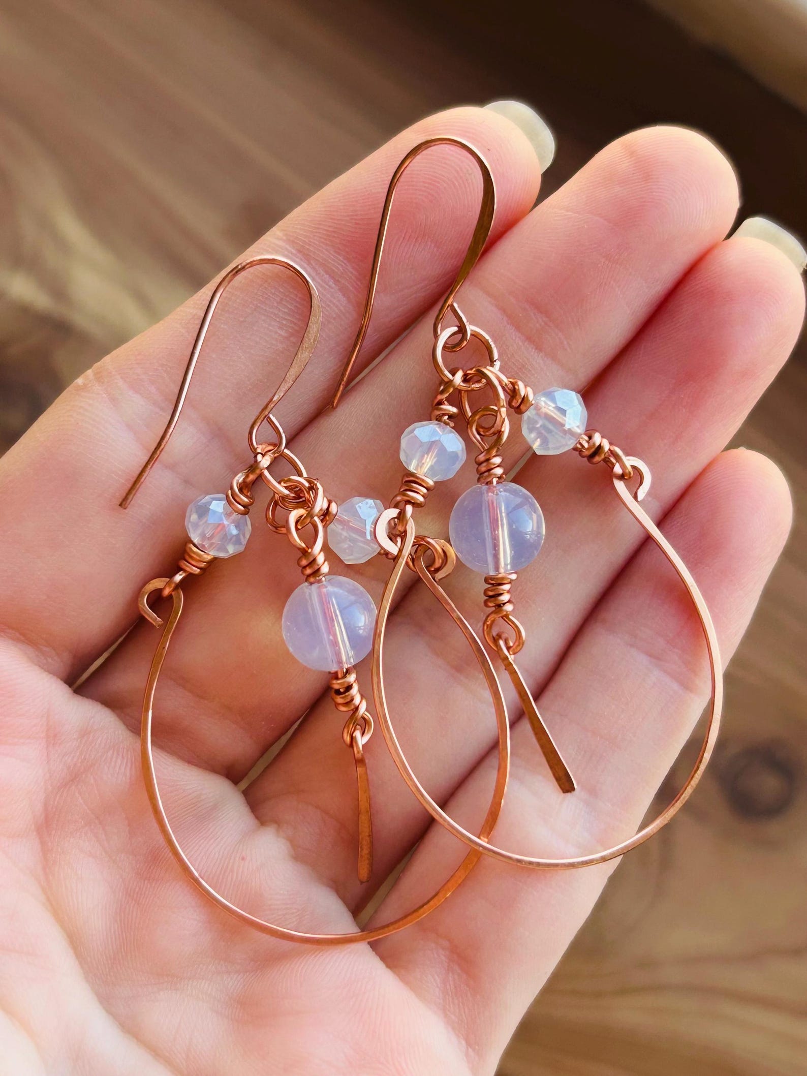 Copper Hoop Dangle Earrings, Hammered Wire Earrings, Gemstone Earrings ...