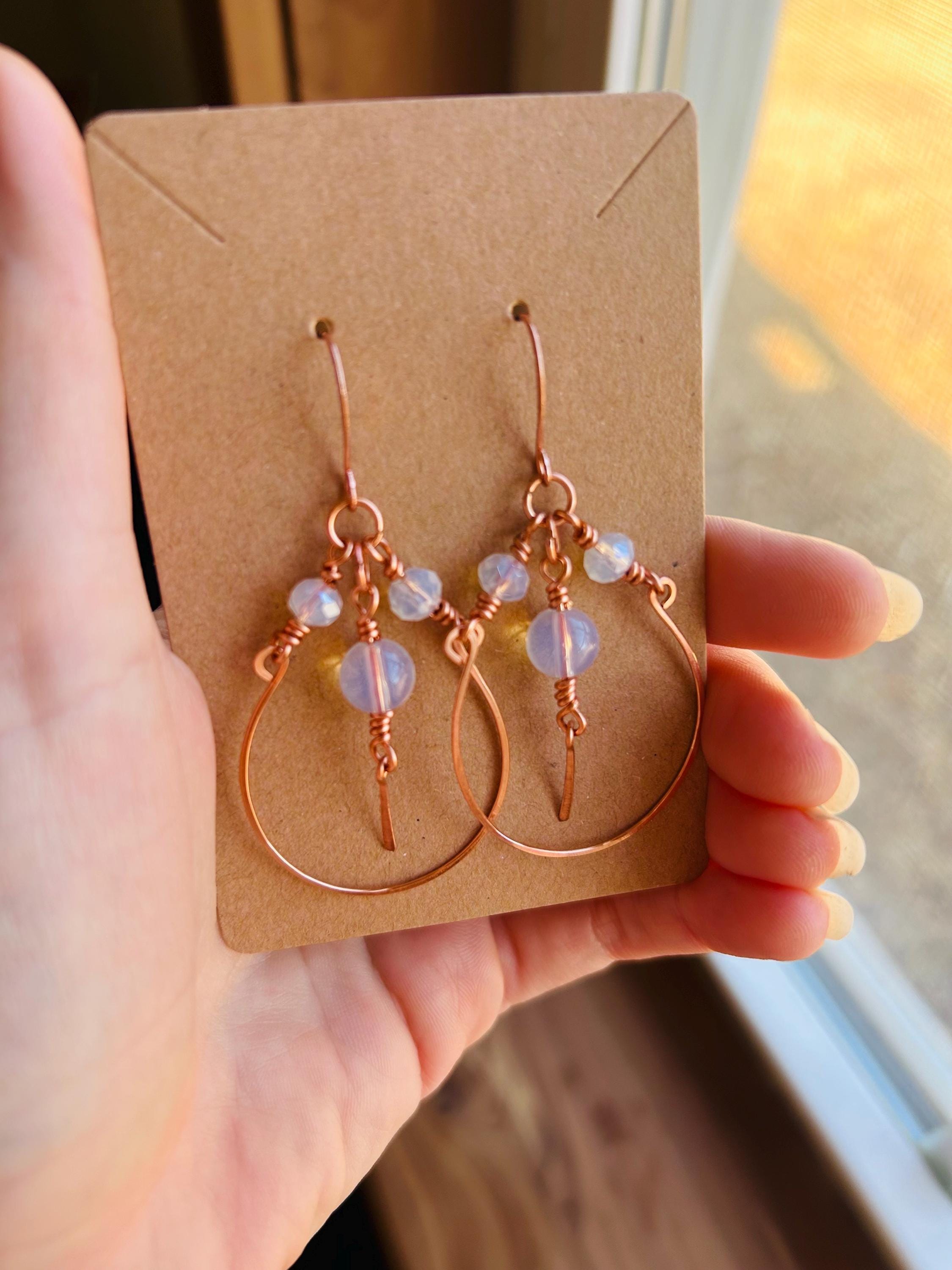 Copper Hoop Dangle Earrings, Hammered Wire Earrings, Gemstone Earrings ...