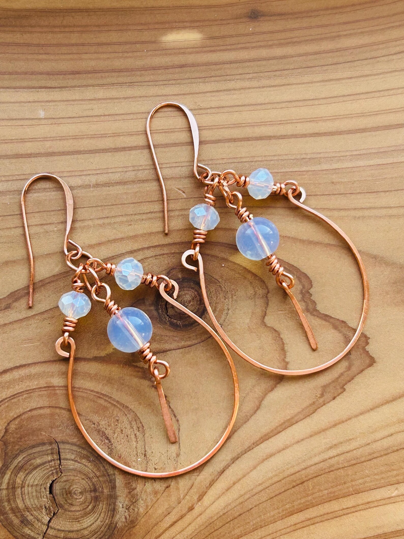 Copper Hoop Dangle Earrings, Hammered Wire Earrings, Gemstone Earrings ...