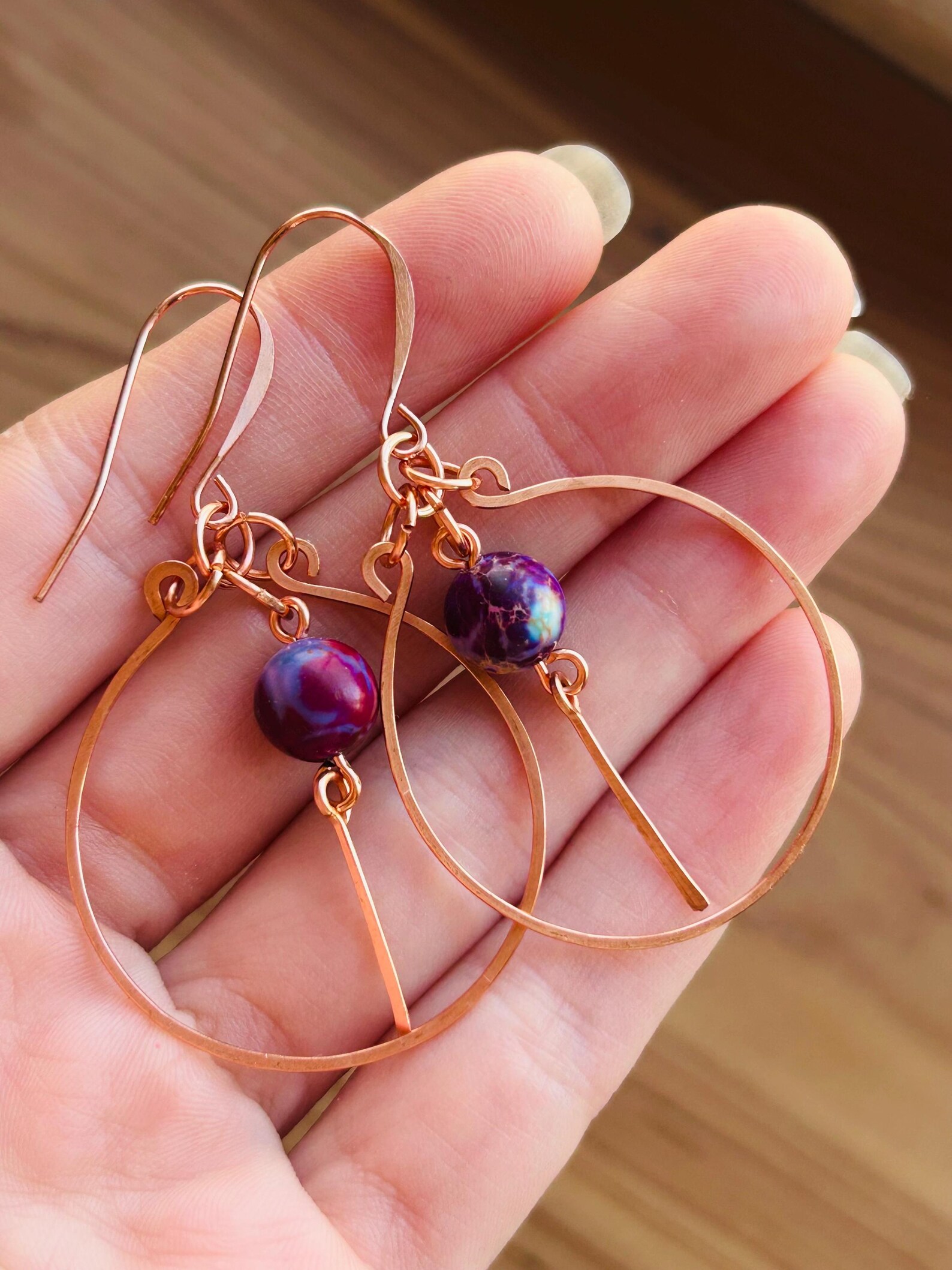Copper Hoop Dangle Earrings, Hammered Wire Earrings, Gemstone Earrings ...