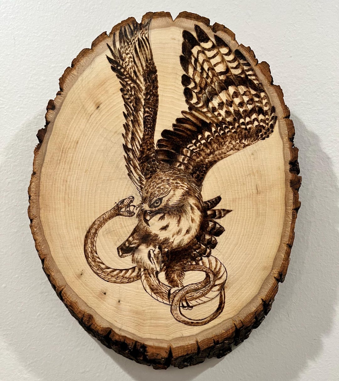 Hawk and Snake Design Pyrography Piece, Woodburnt Red Tailed Hawk ...