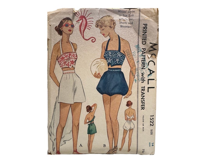 1950s Play Suit Pattern Mccall 1522 Swim Sun Bathing 50s Halter ...