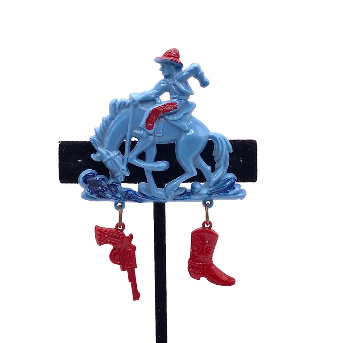 Vintage 40s Celluloid Cowboy Dangle Pin Bucking Bronco Boot Pistol Blue ...