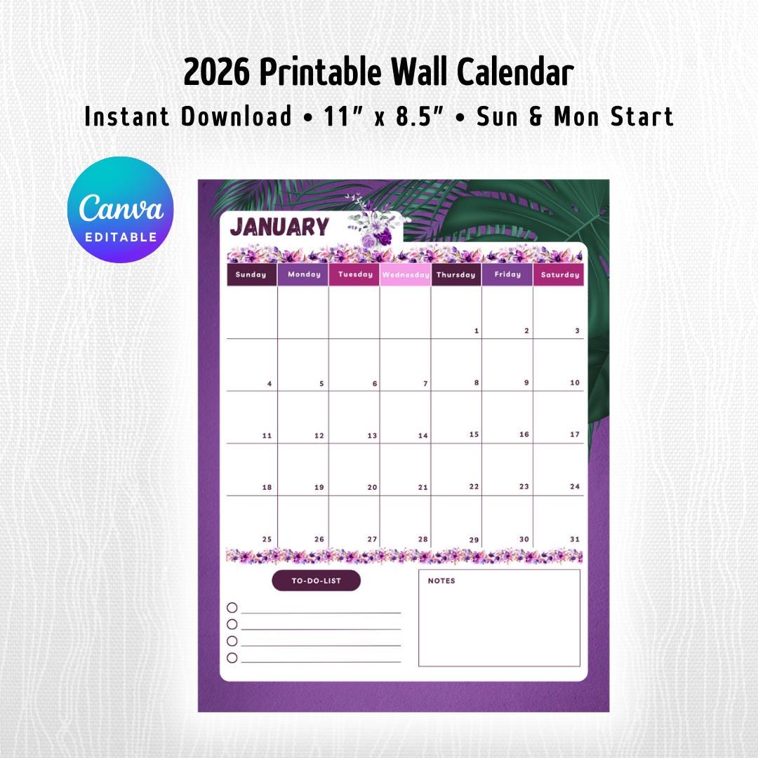 2026 Wall Calendar Printable Lavender Minimalist Monthly Planner Home ...