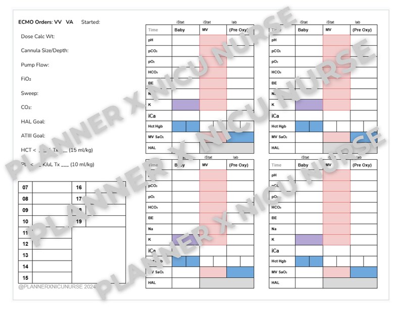 Printable ECMO Pump Report Sheet, Neonatal ICU, NICU, 12hr Day Shift ...