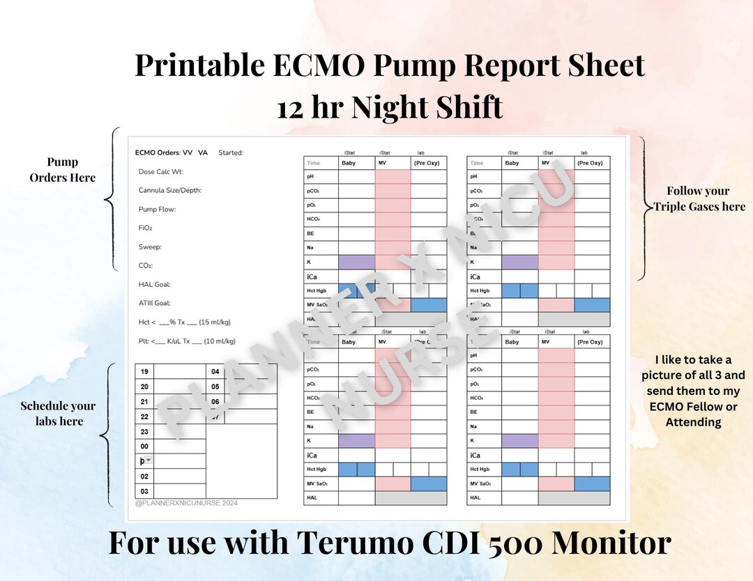 Printable ECMO Pump Report Sheet, Neonatal ICU, NICU, 12 Hr Night Shift ...