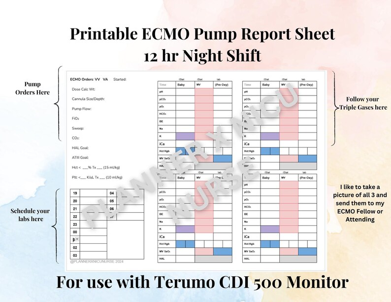 Printable ECMO Pump Report Sheet, Neonatal ICU, NICU, 12 Hr Night Shift ...