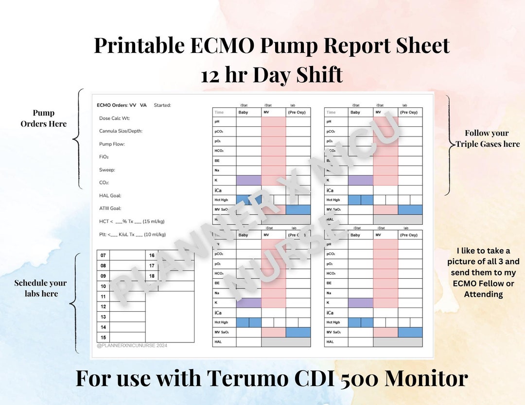 Printable ECMO Pump Report Sheet, Neonatal ICU, NICU, 12hr Day Shift - Etsy