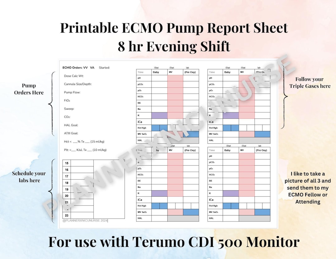 Buy Printable ECMO Pump Report Sheet, Neonatal ICU, Neonatal ICU, 8hr ...