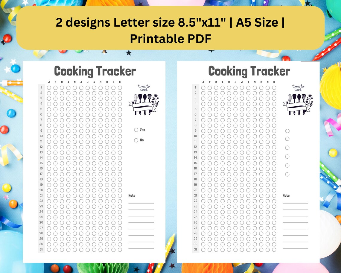 Printable Cooking Tracker: Meal Planner, Food Log (letter & A5) (PDF ...