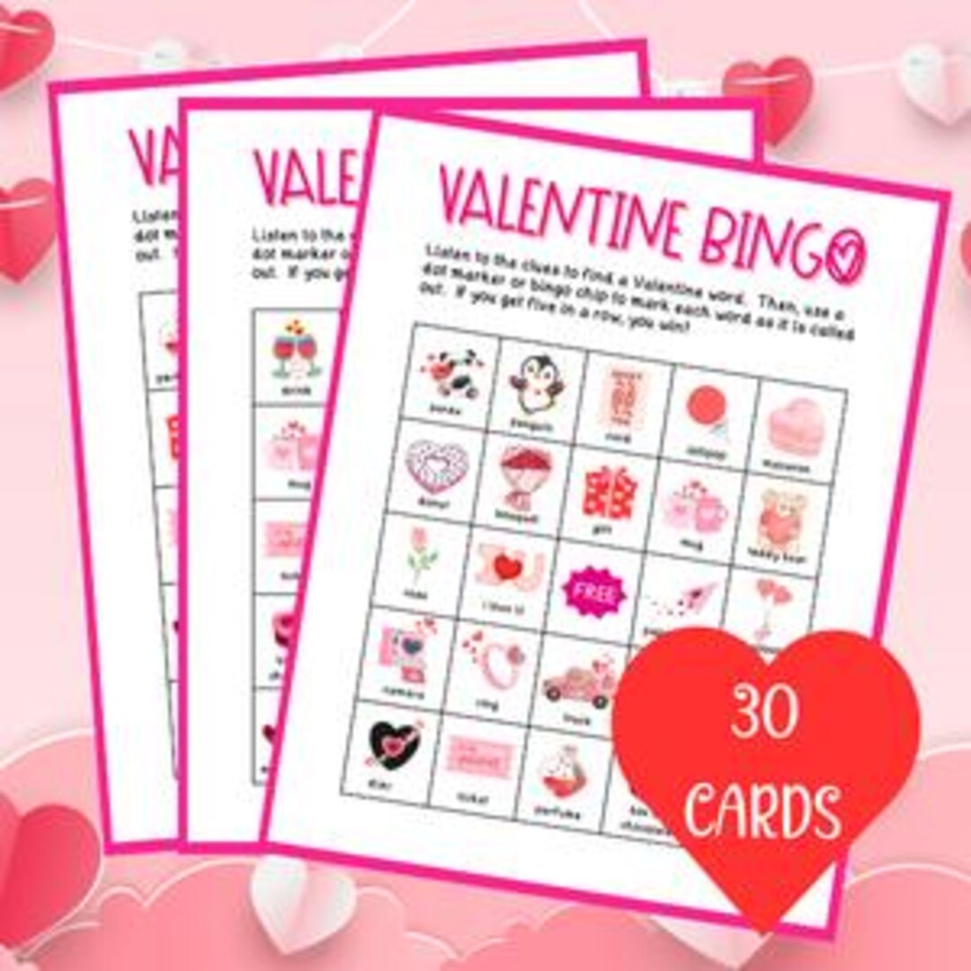 30 Valentines Bingo Game Cards Printable, Valentine's Day Bingo Cards ...
