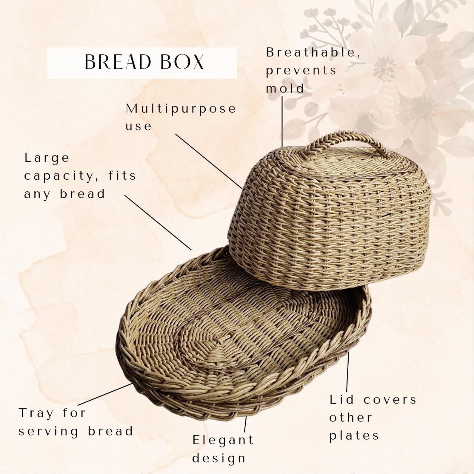 Wicker Bread Box With Lid, Large Bread Basket, Bread & Bakery Tray ...