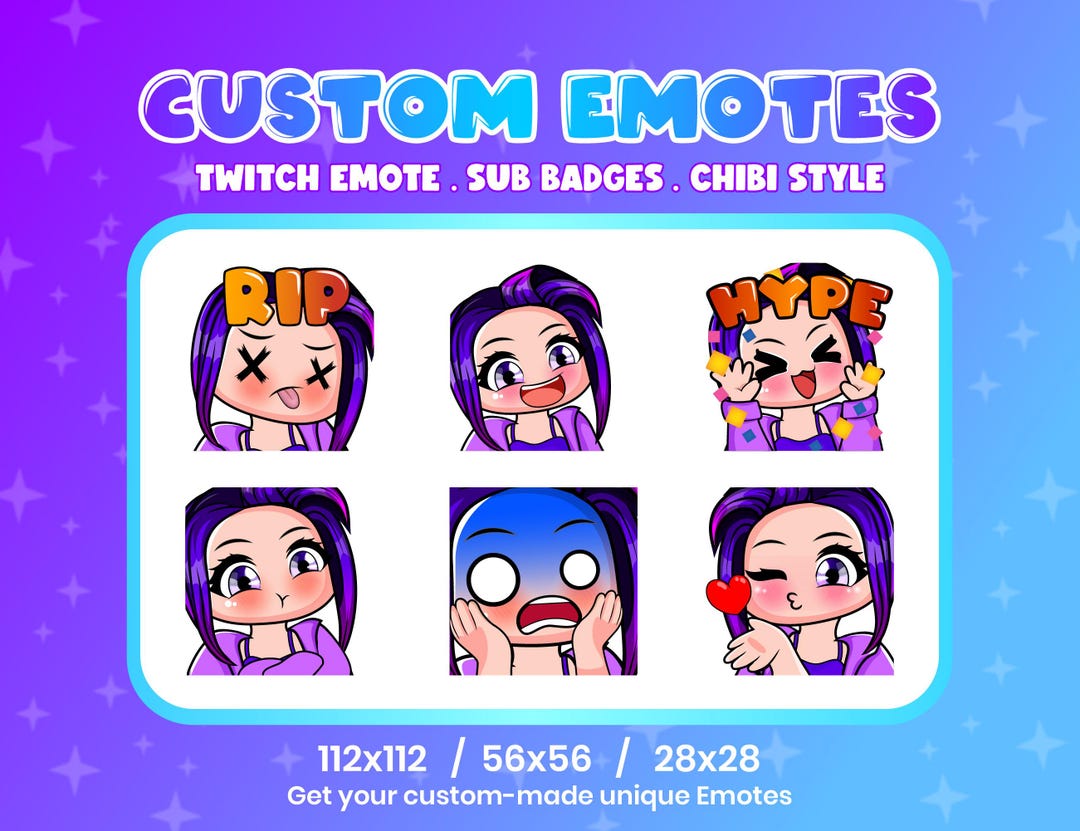 Purple Chibi Girl Emotes Pack – Streamer Emotes (PNG Instant Download ...