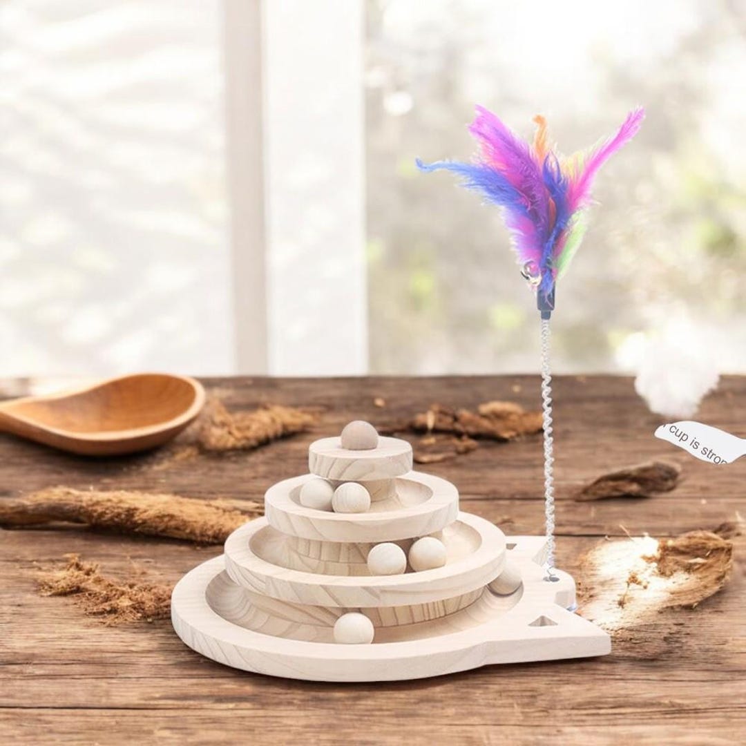 Wooden Cat Toy Triple-level Track Tower With Feather & Ball Interactive ...