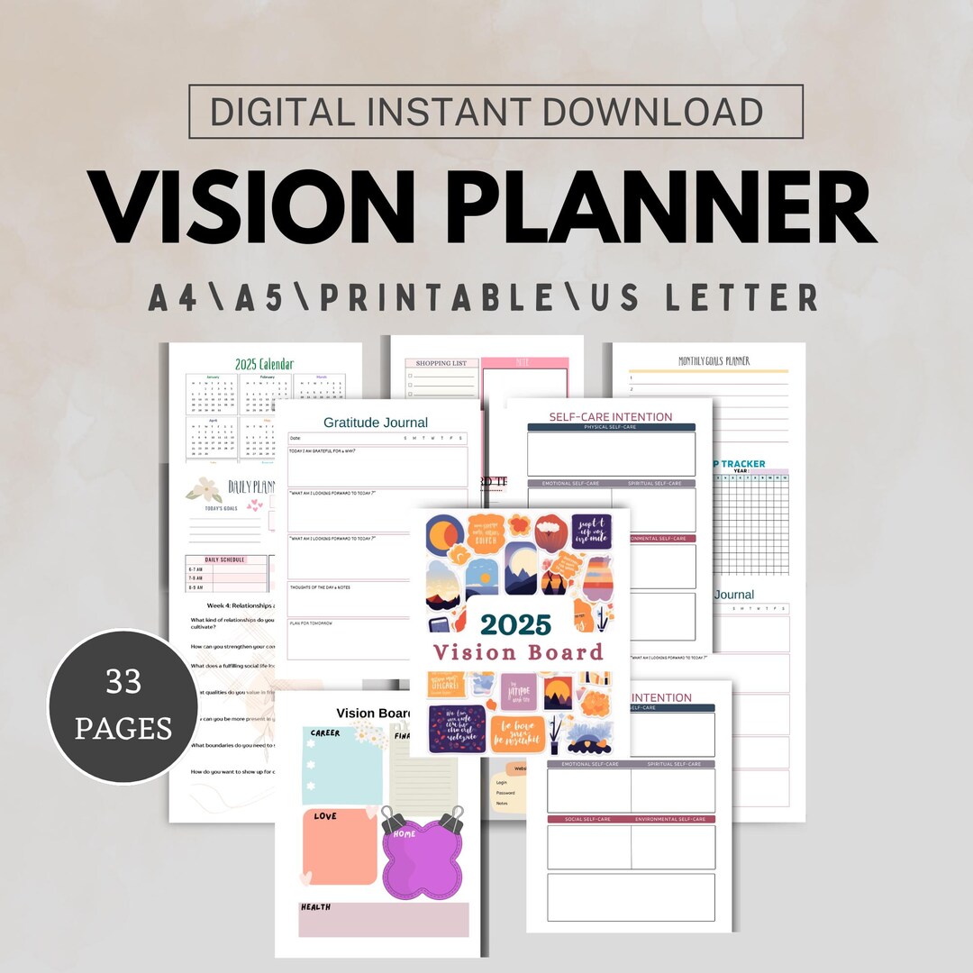 2025 Vision Board Planner Template , Monthly Goals, Daily Planner ...