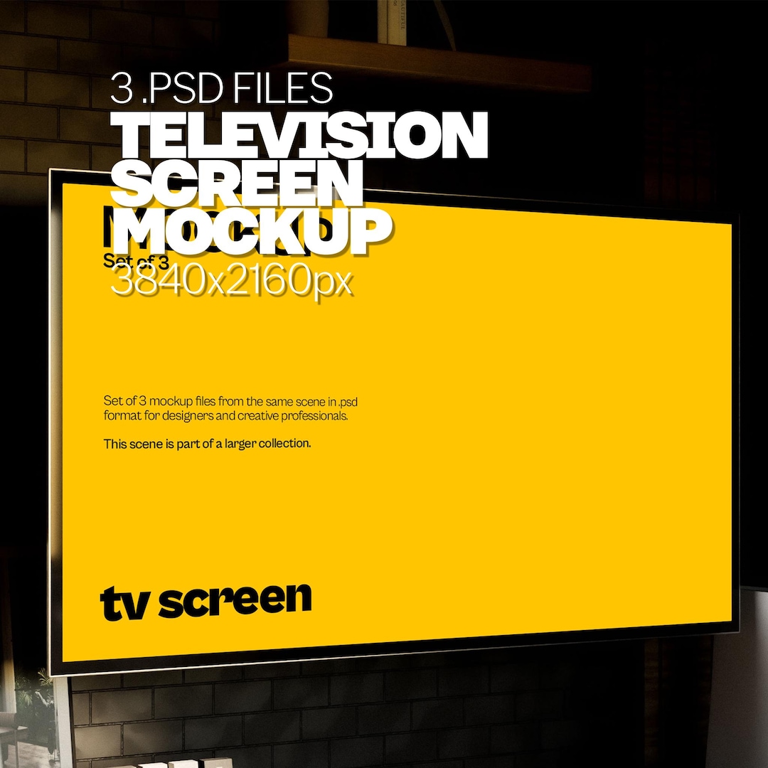Television Screen Mockup Bundle Staged on a Dark Wall With a TV Shelf ...