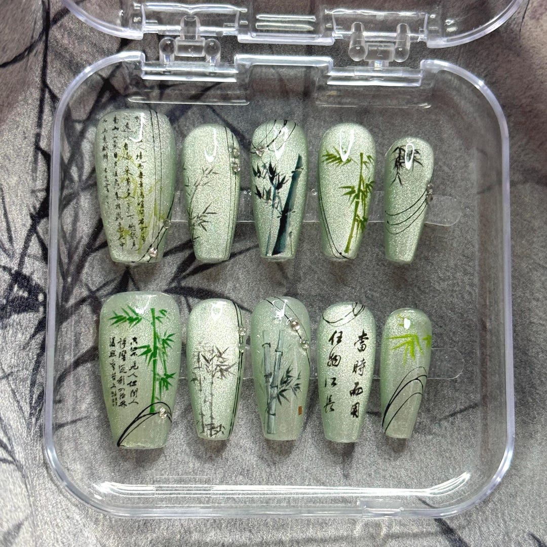 Handmade Bamboo Ink Art Press-on Nails | Chinese Green Calligraphy ...