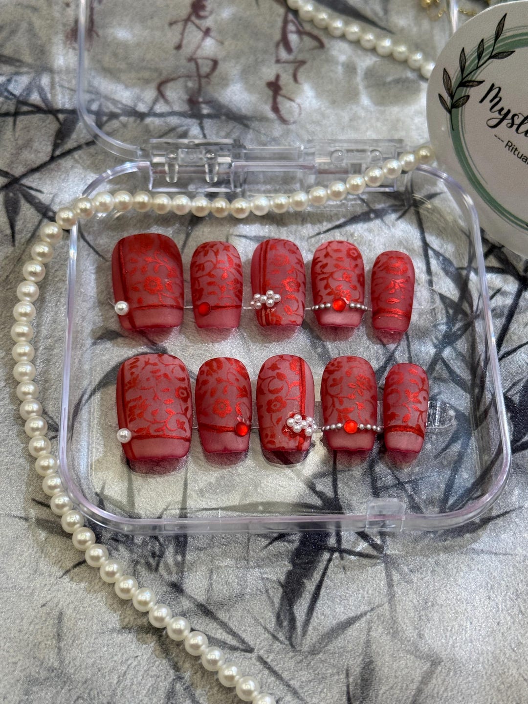 Handmade Chinese Red Lace Press-on Nails | Elegant Wedding-inspired ...