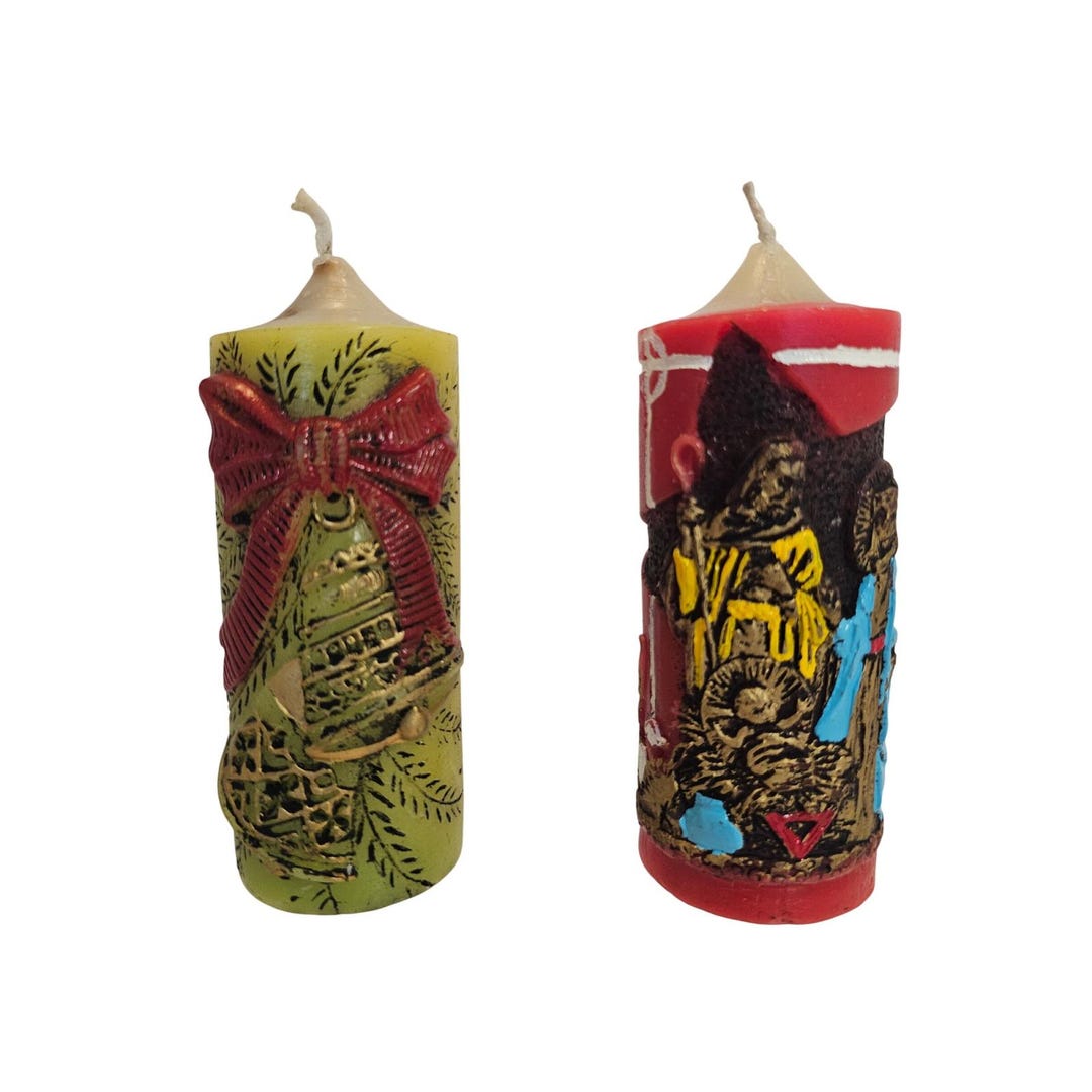 Vintage 70s Candles Christmas Nativity Bell Red Green Kitch Set of 2 ...