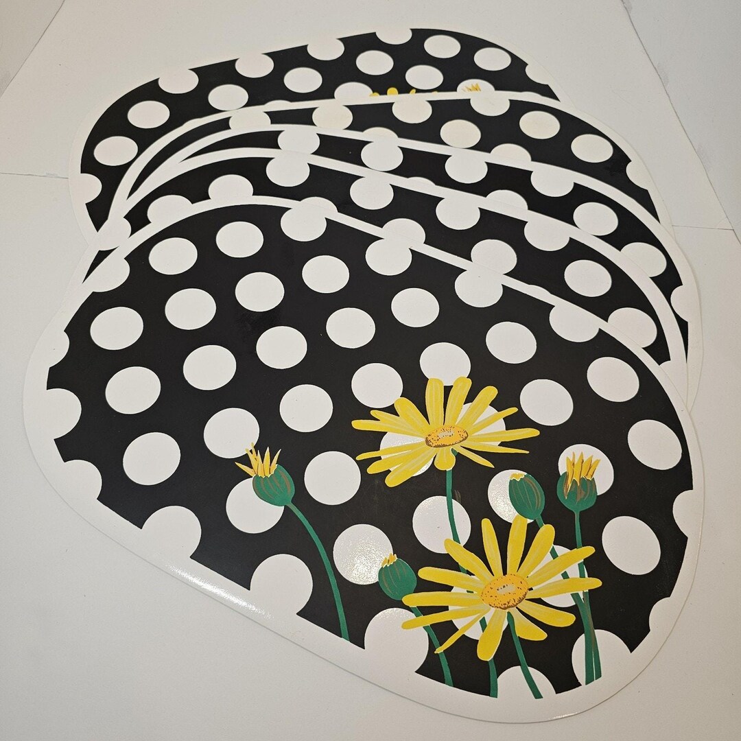 Retro Yellow Polka Dot Daisy Vinyl Placemat Set 5 Floral Black and ...