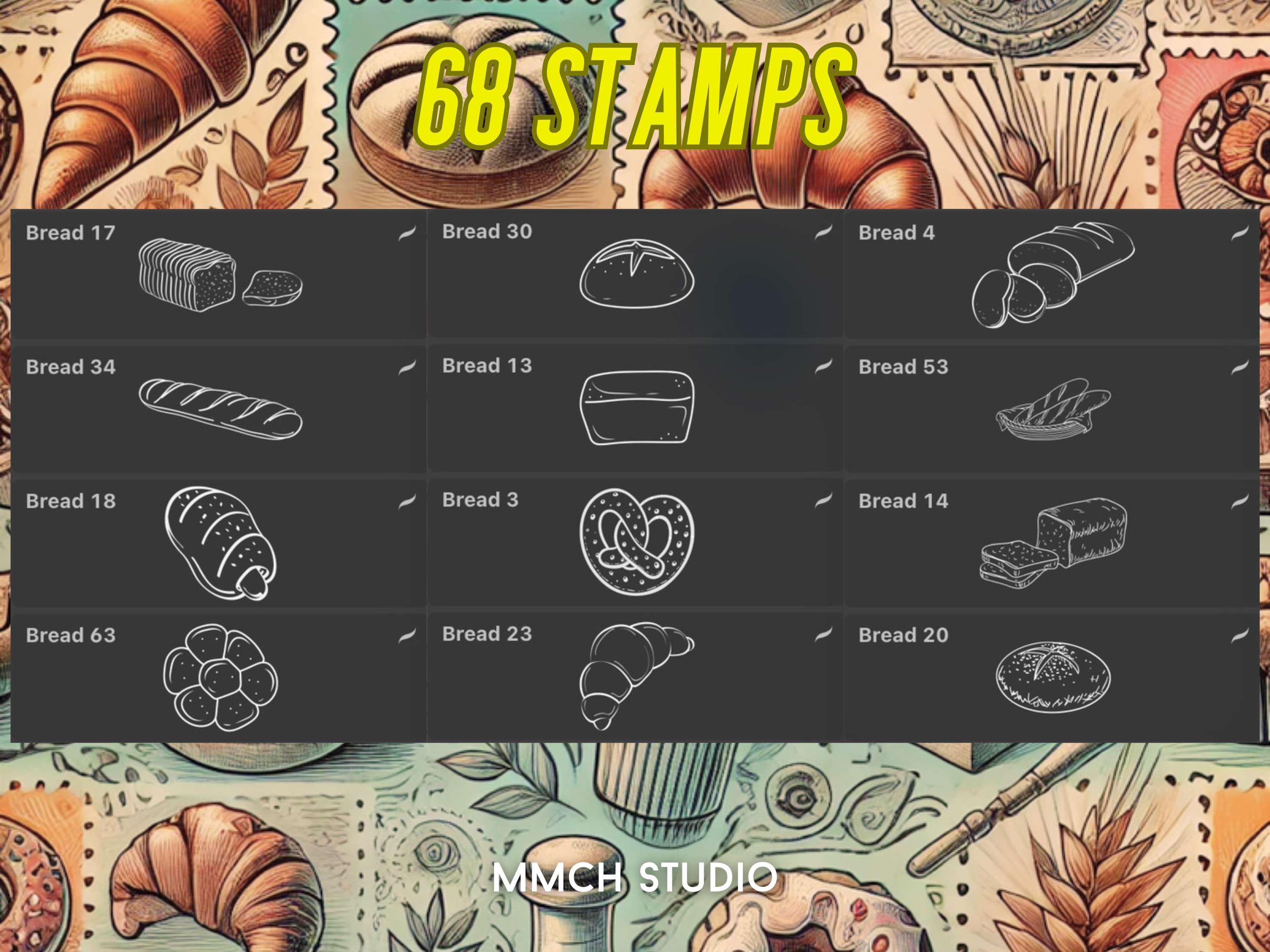 Cartoon Bread Procreate Stamp Set – 68 Unique Bakery-inspired Stamps ...