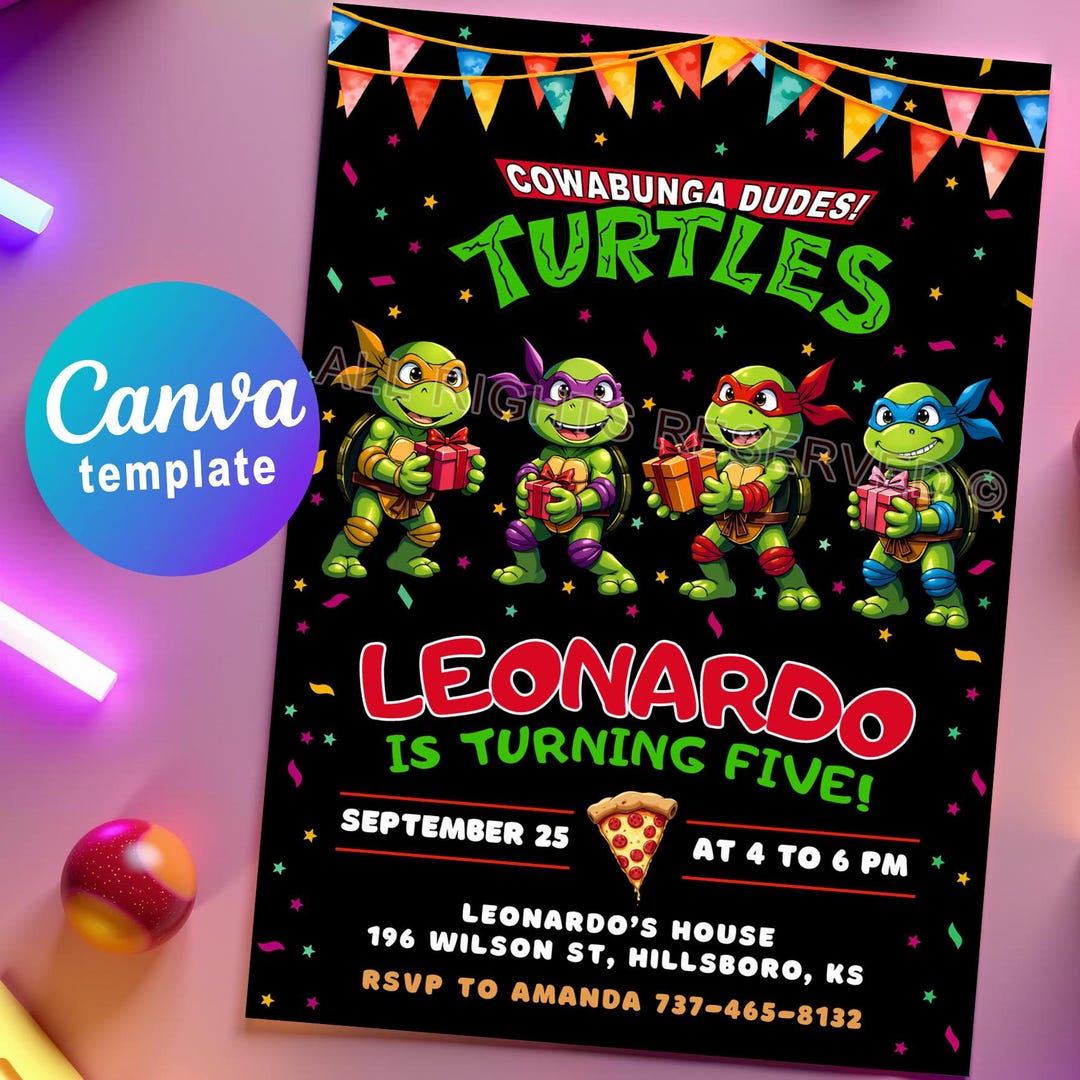 Ninja Turtles Cowabunga Birthday Invitation – Editable Canva Template ...