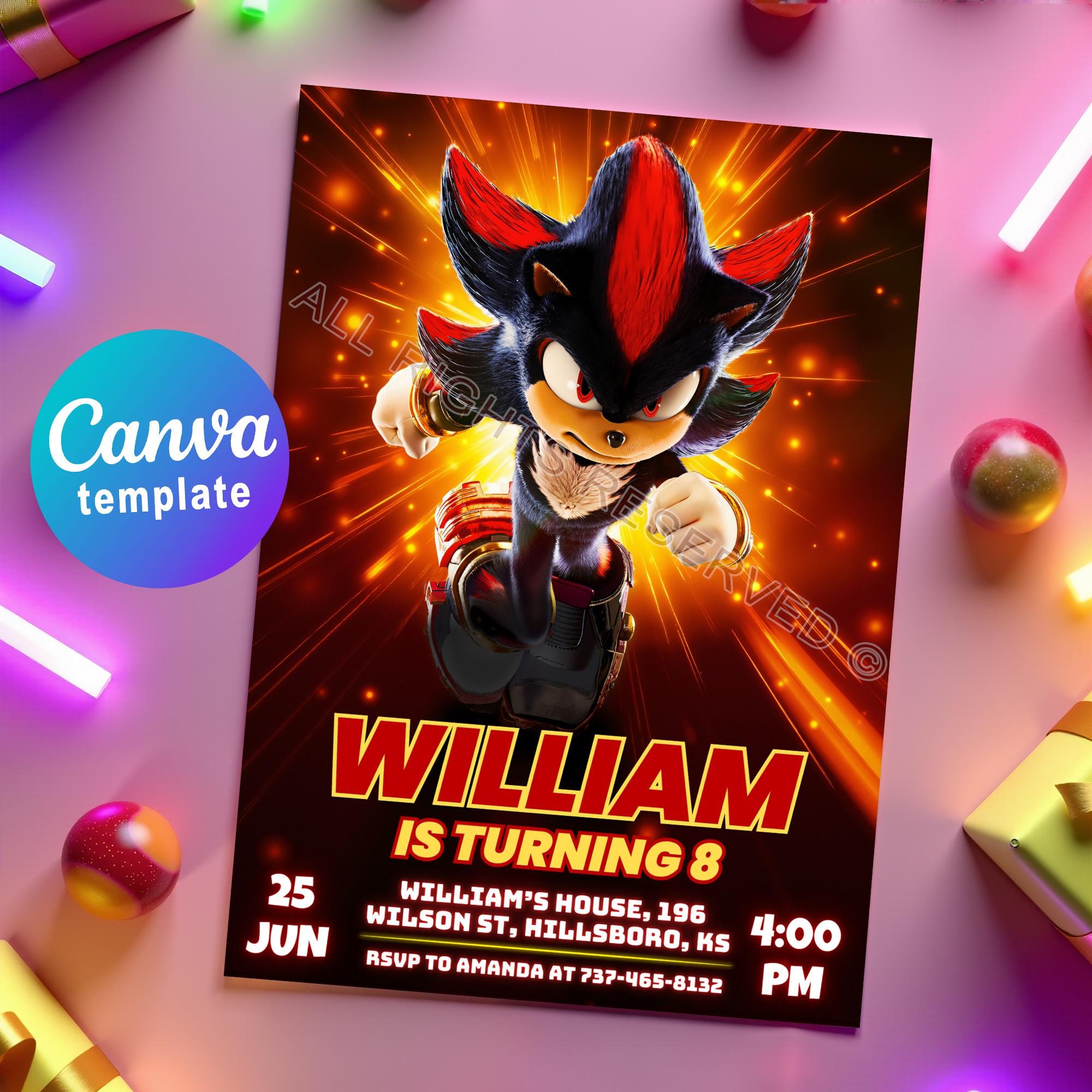 Shadow Invitation. Sonic 3 Invitation Birthday Card. Digital Canva ...