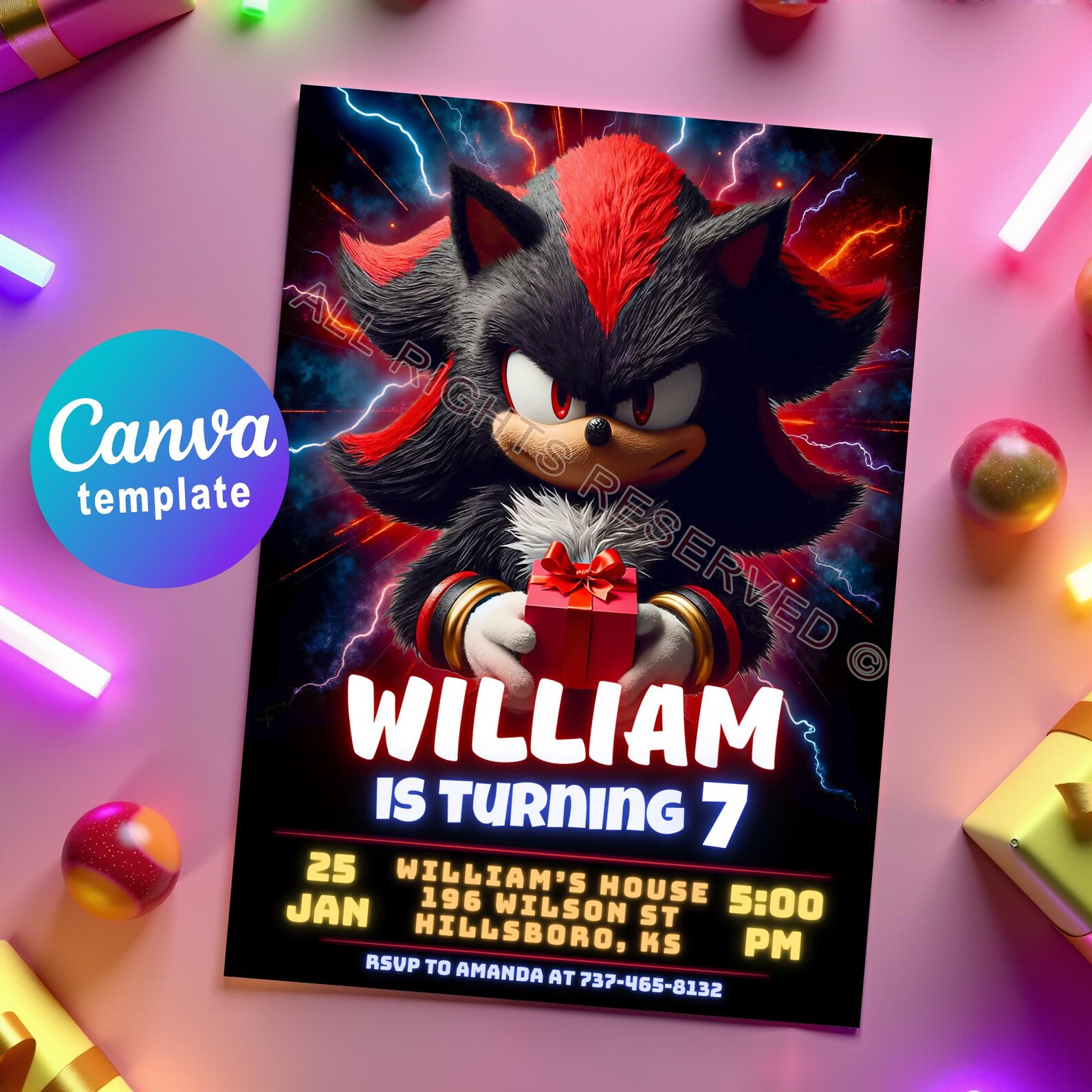 Sonic 3 Invitation Birthday Card. Shadow the Hedgehog Invitation ...