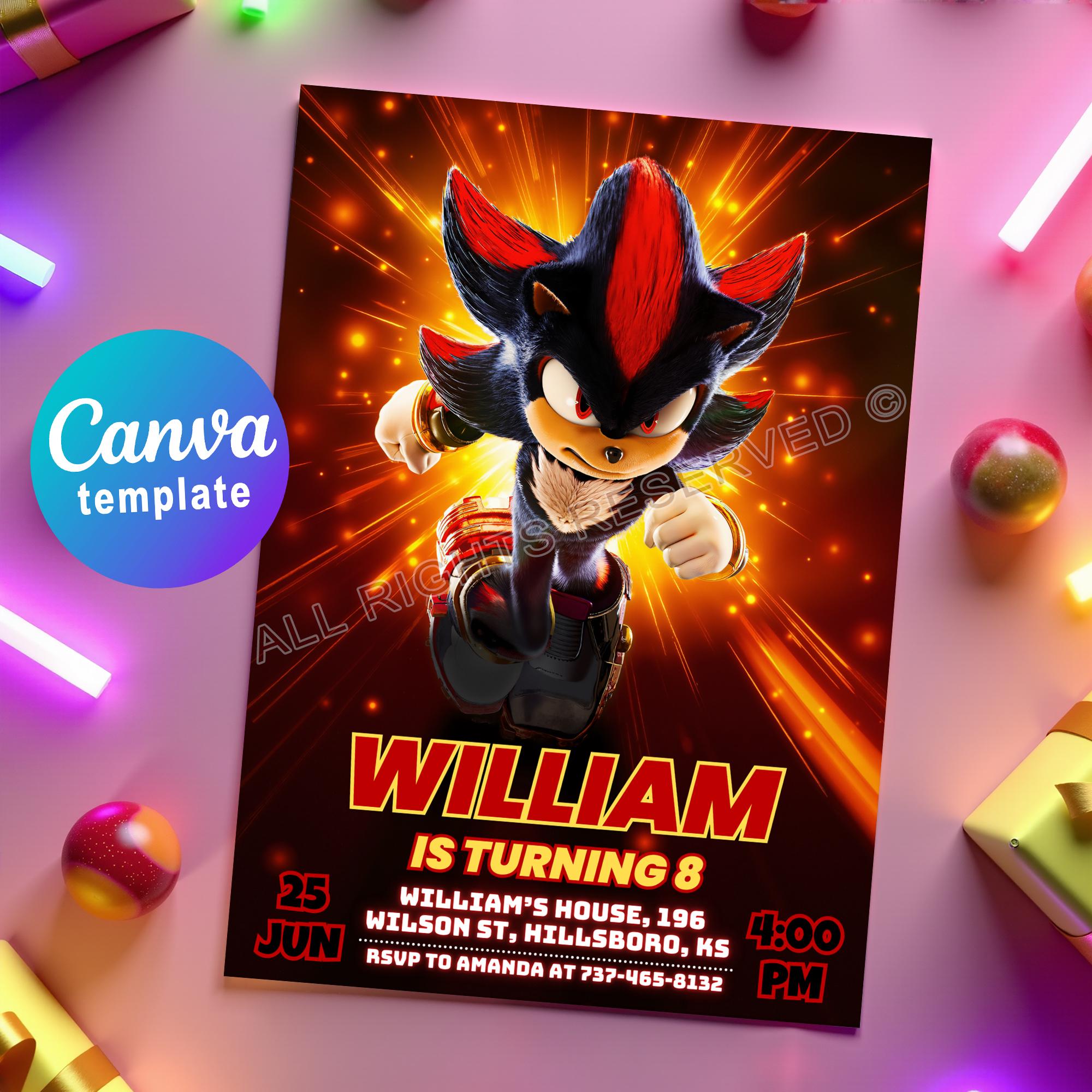 Sonic 3 Invitation Birthday Card. Shadow the Hedgehog Invitation ...