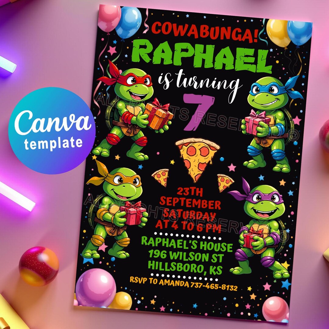 Ninja Turtles Birthday Invitation – Editable Canva Template for a Fun ...