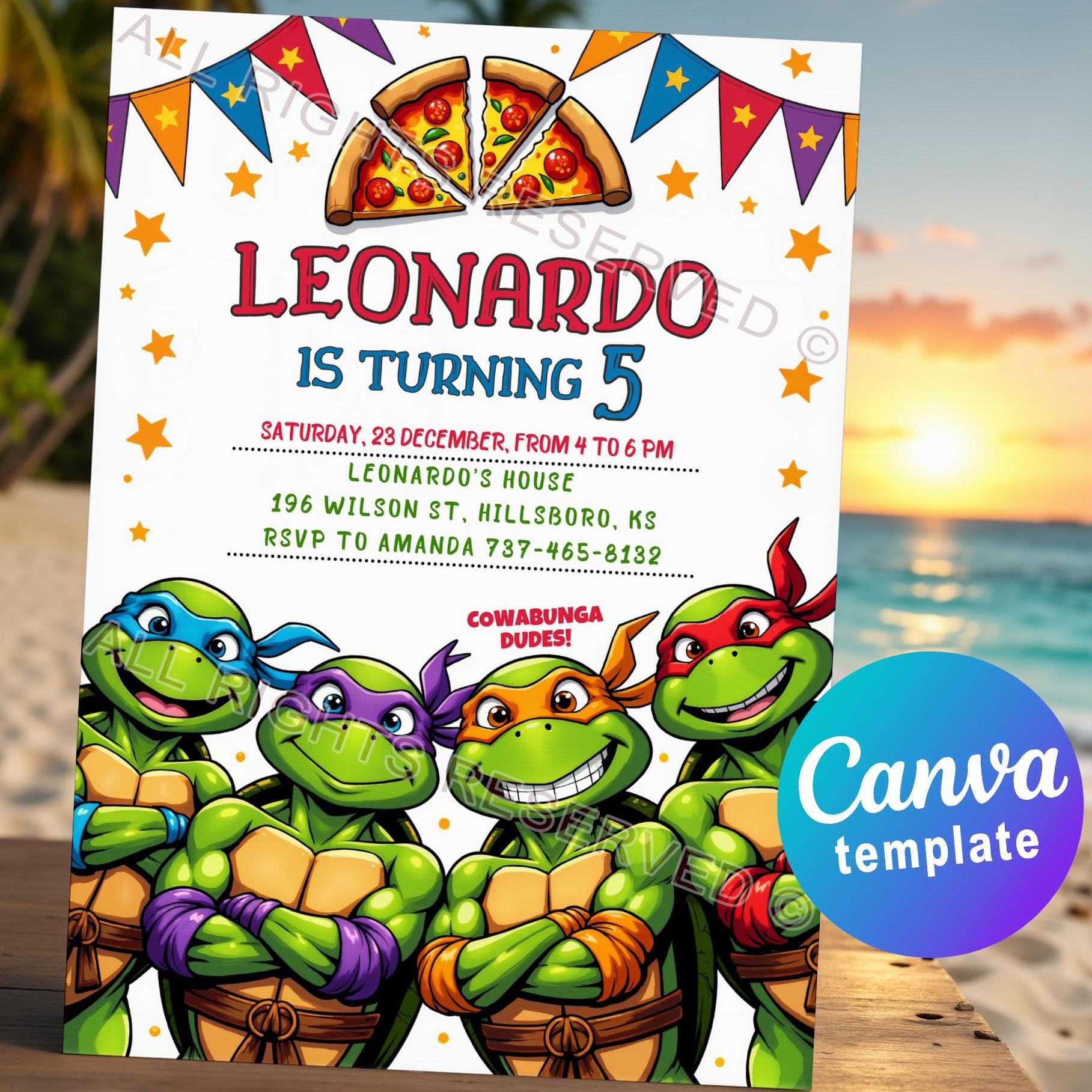 Ninja Turtle Birthday Party Invitation Teenage Mutant Ninja Turtles