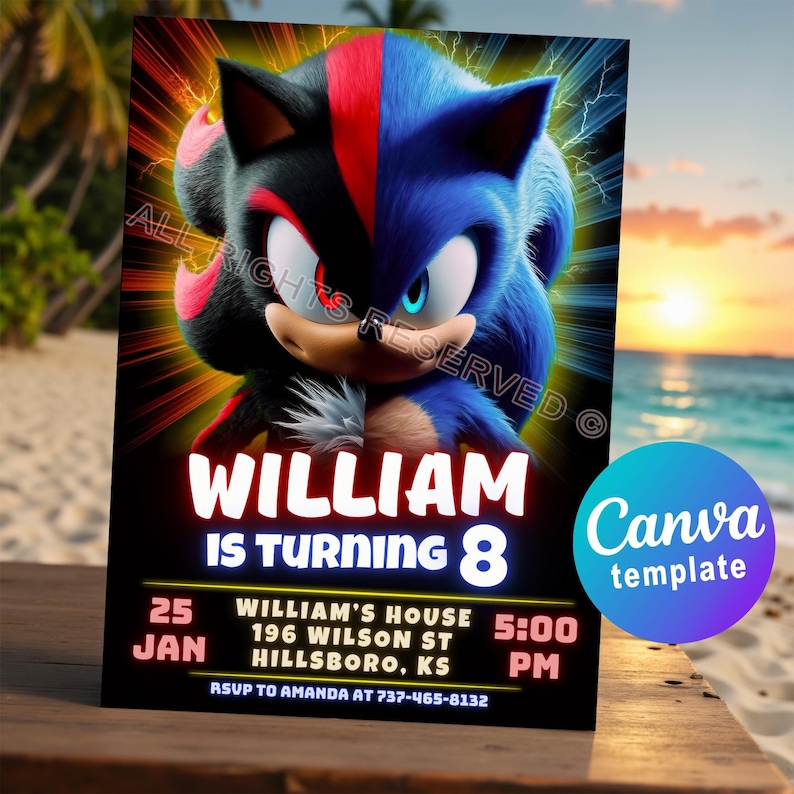 Tarjeta de invitación de cumpleaños de Sonic 3. Invitación de Shadow ...