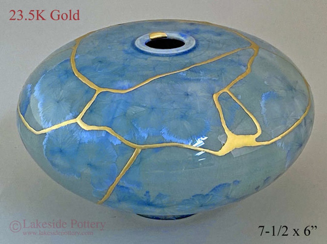 SOLD**** 23.5K Gold Kintsugi Light Blue Crystalline Vase - Etsy