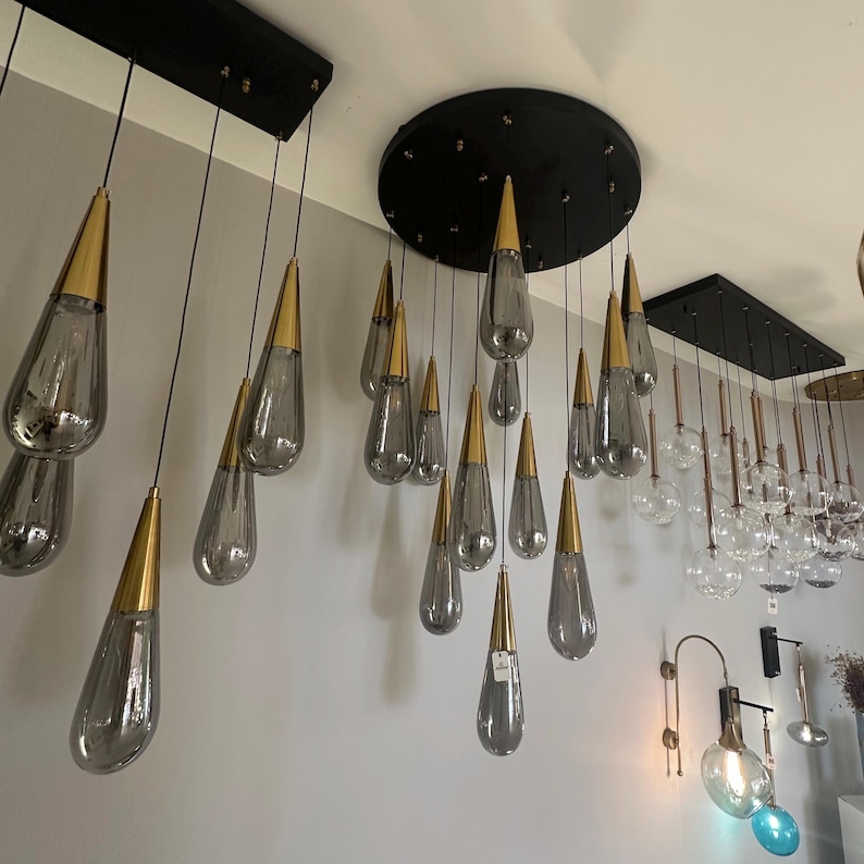 Raindrop Glass Chandelier, Modern Cluster Pendant Light, Smoked Glass ...