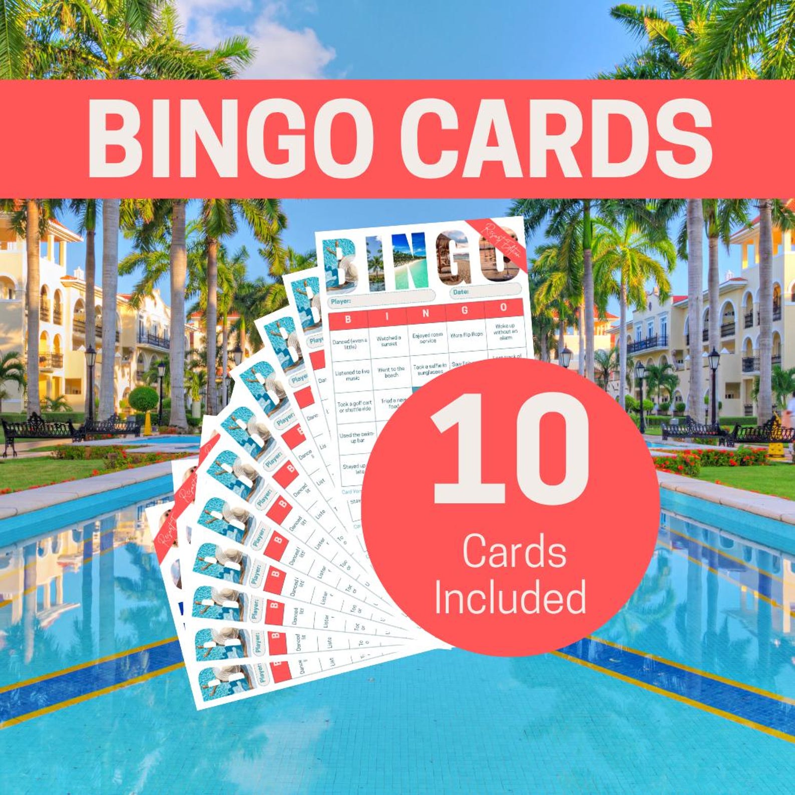 Resort Vacation Bingo Cards – 10 Printable Game Cards for Beach & All ...