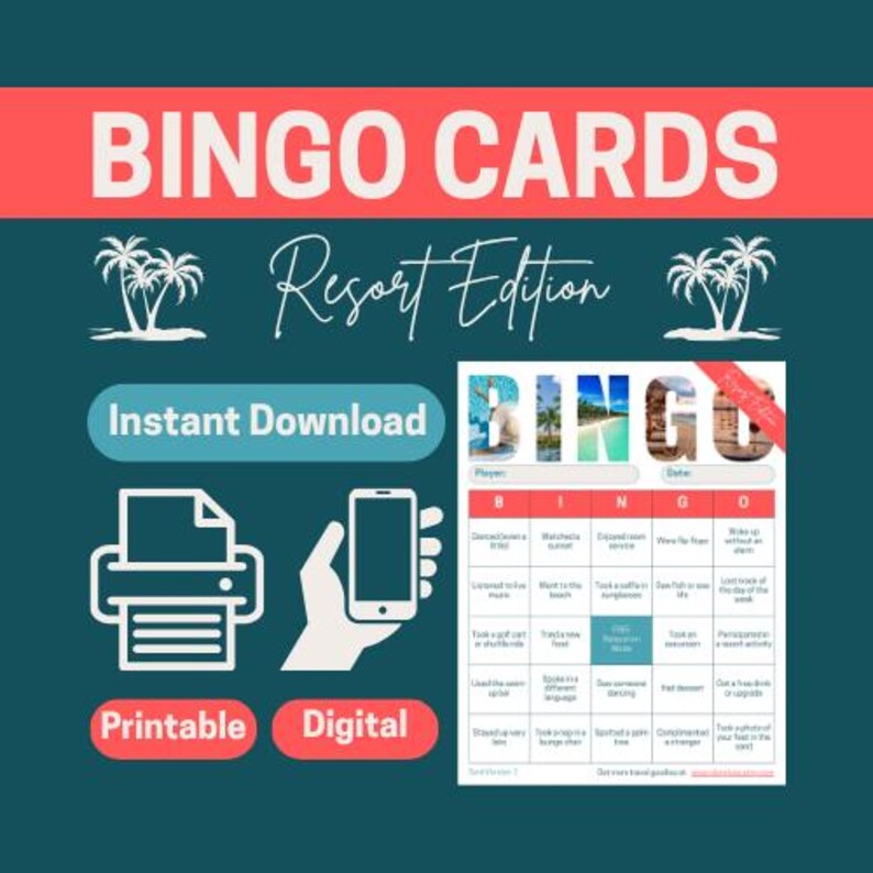 Resort Bingo Game – 10 Unique Printable Cards for Vacation Fun, Girls ...