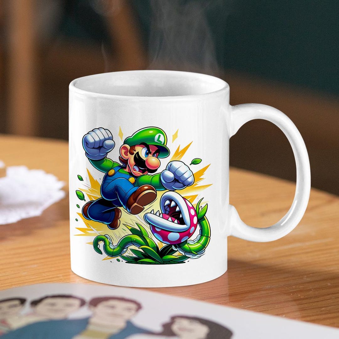 Luigi Vs Piranha Plant Mug - Super Mario Mug, Retro Gamer Coffee Cup ...