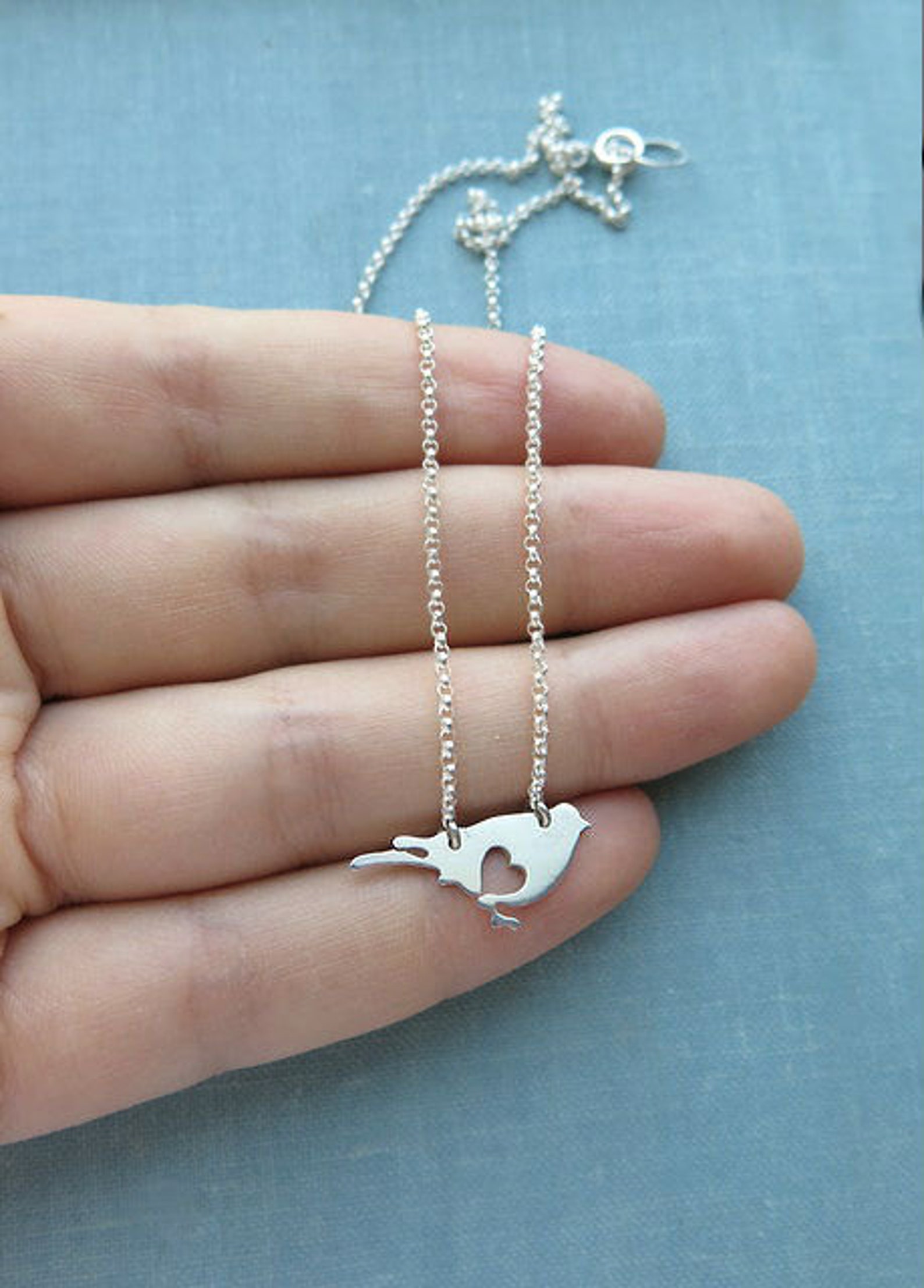 Sterling Silver Bird Necklace With a Heart Silhouette Bird - Etsy