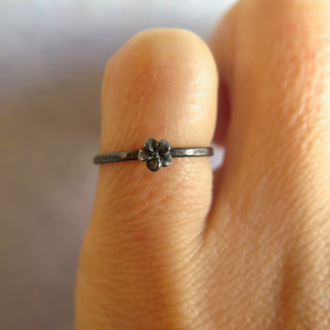 Black Flower Ring Sterling Silver Stacking Ring Pinky Ring - Etsy