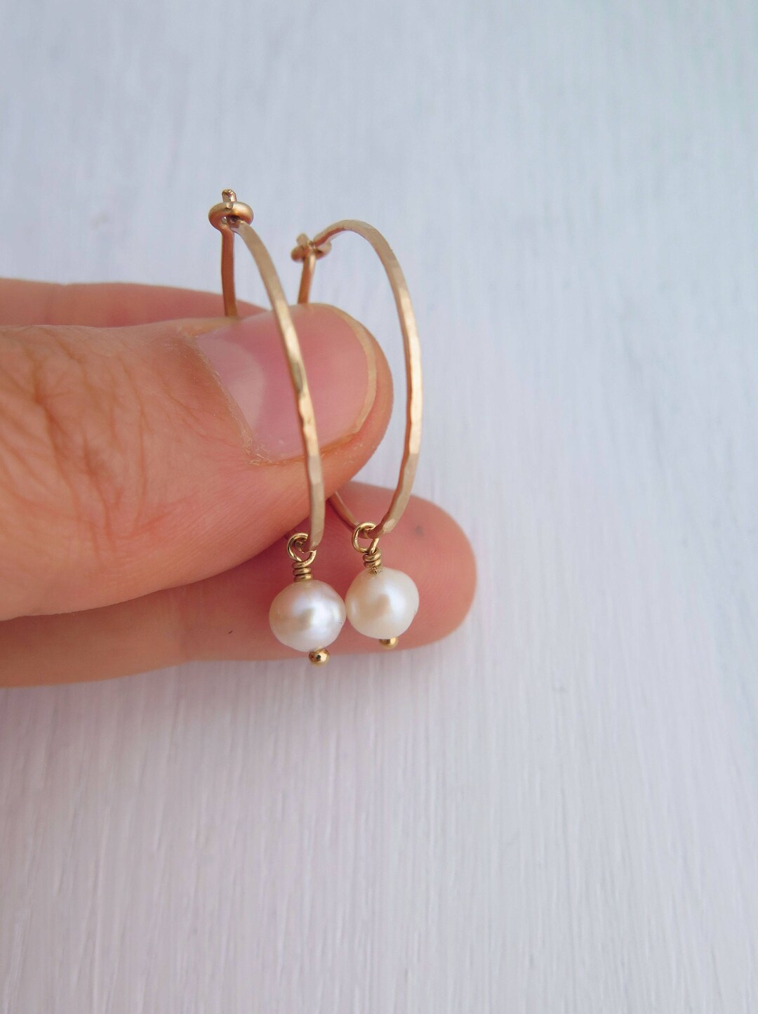 Thin Gold Hoops, Hoop Earrings, Small Thin Hoops, Pearl Earrings, 14k ...