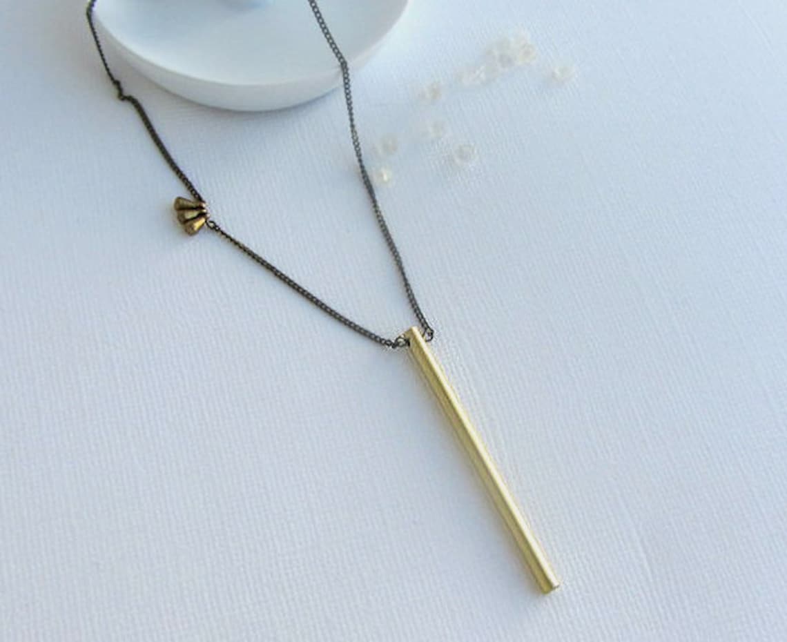 Brass stick bar gold long necklace antique gold plated chain | Etsy
