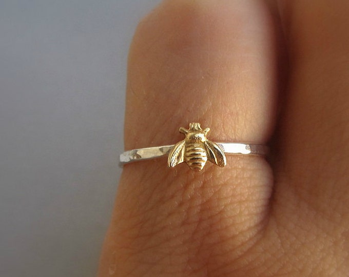 Simple Tiny Sterling Silver Bee Ring, Silver and Gold Brass Stacking ...