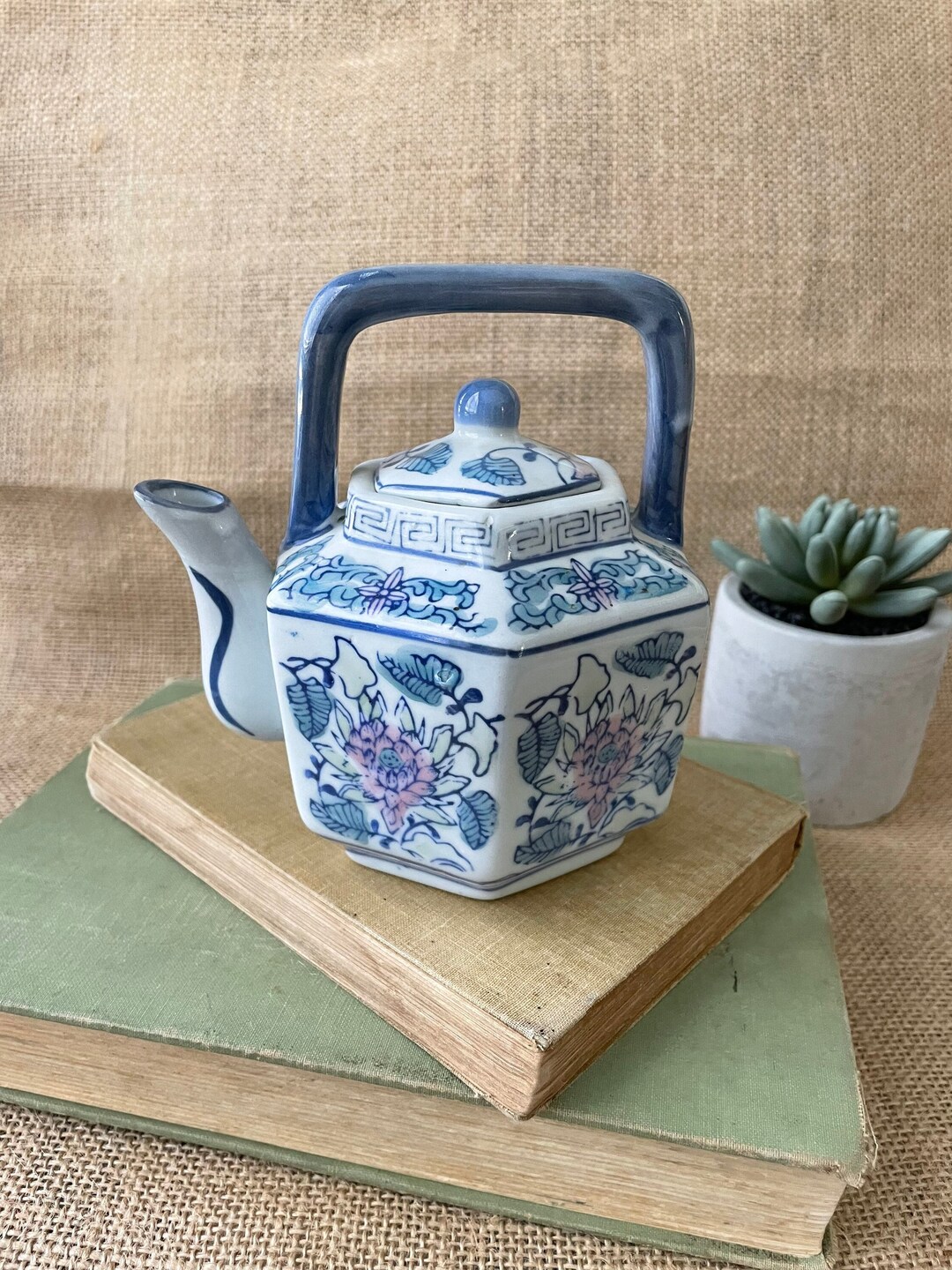 Small Vintage Chinese Teapot With Blue Floral Pattern and Hexagon Shape ...