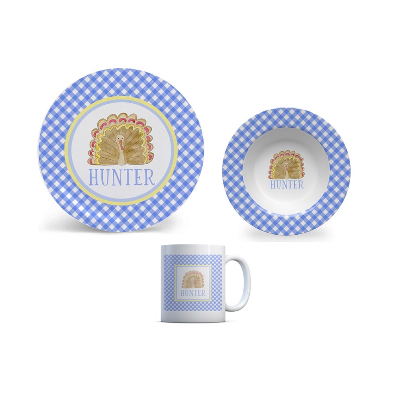 Personalized Thanksgiving Kids Plate | Turkey Blue Gingham Kids ...