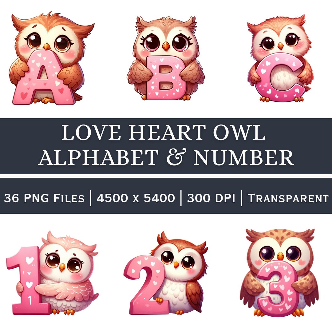 Love Heart Owl Alphabet PNG A–Z & Numbers 0–9 | Valentine Owl Letters ...