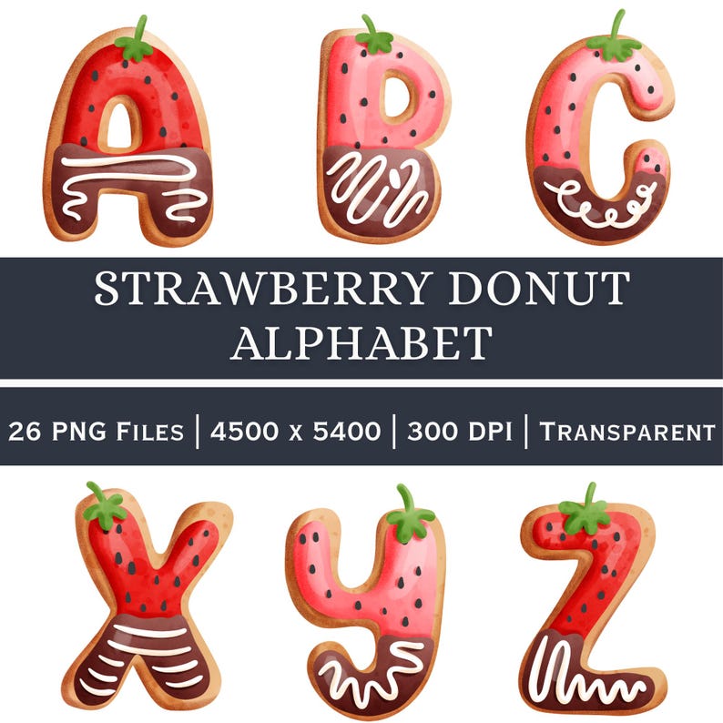 Strawberry Donut Alphabet PNG A–Z | Sweet Dessert Letters for Bakery ...