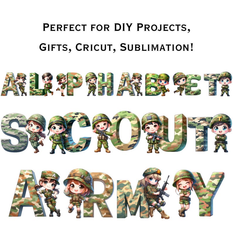 Army Soldier Alphabet & Numbers PNG A–Z 0–9 | Military Cartoon Letters ...